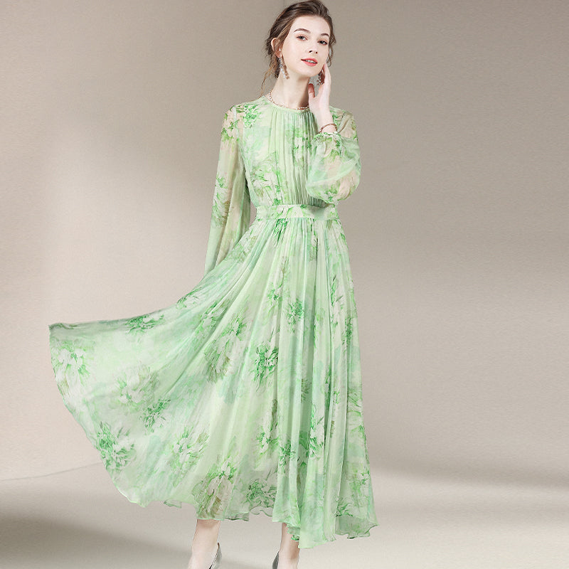 Green Floral Long Sleeve Pleated Silk Dress SD001 – Luxurysilkpjs